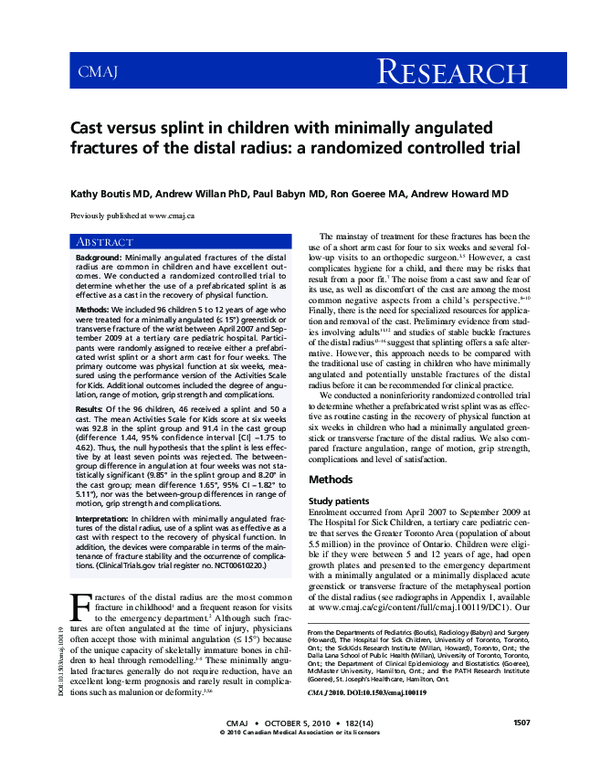(PDF) Cast versus splint in children with minimally angulated fractures ...