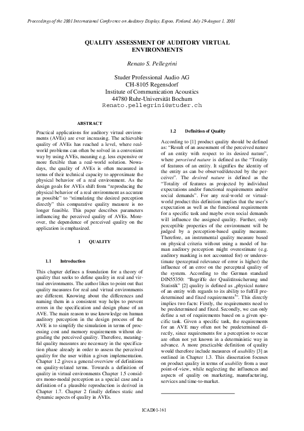 (PDF) Quality assessment of auditory virtual environments