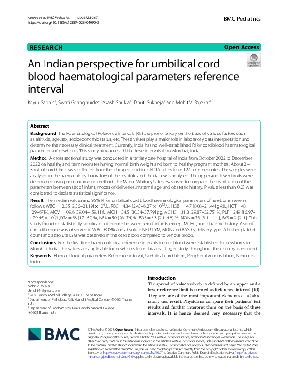 (PDF) An Indian perspective for umbilical cord blood haematological ...
