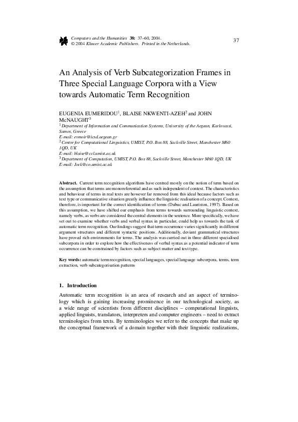 (PDF) An Analysis of Verb Subcategorization Frames in Three Special Language Corpora with a View ...