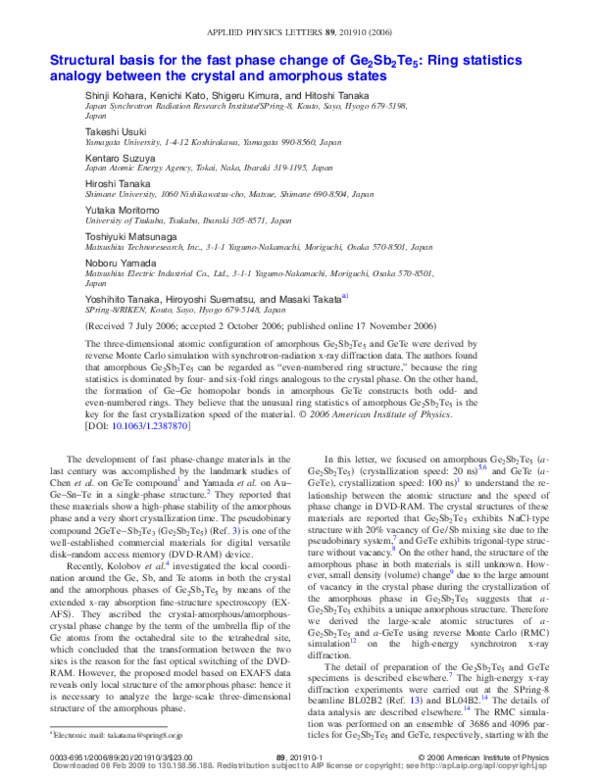 (PDF) Structural basis for the fast phase change of Ge2Sb2Te5: Ring statistics analogy between ...