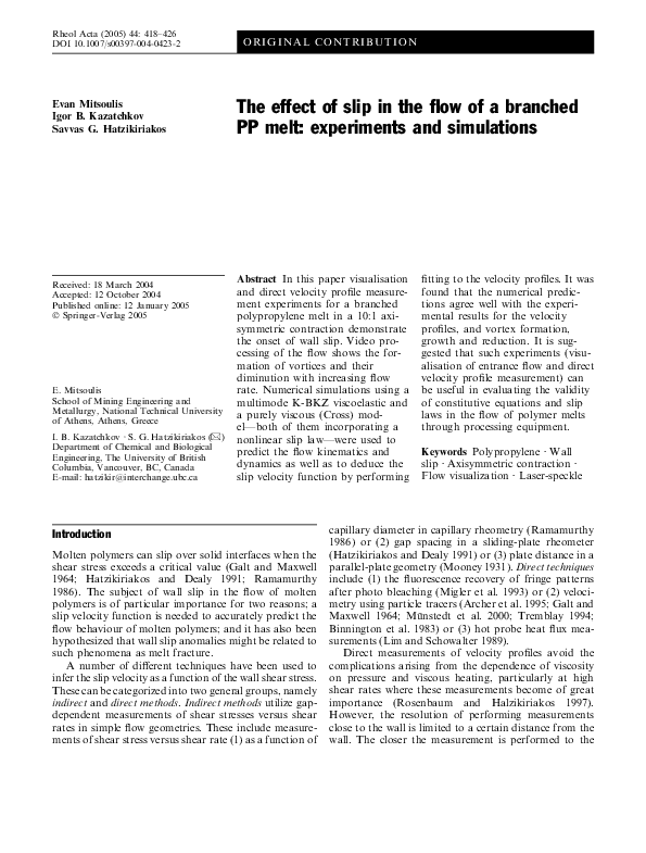 (PDF) The effect of slip in the flow of a branched PP melt: experiments ...