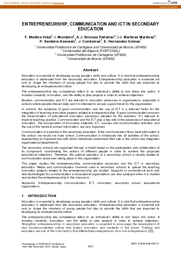 (PDF) Entrepreneurship, Communication and Ict in Secondary Education (PDF) Entrepreneurship, Communication and Ict in Secondary Education