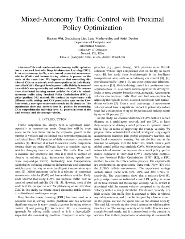 (PDF) Mixed-Autonomy Traffic Control with Proximal Policy Optimization