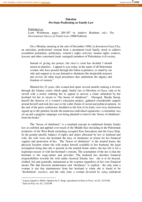 (PDF) Palestine: Pre-State Positioning on Family Law | Lynn Welchman ...