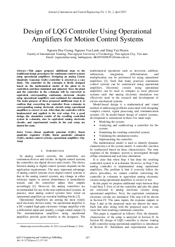 (PDF) Design of LQG Controller Using Operational Amplifiers for Motion ...