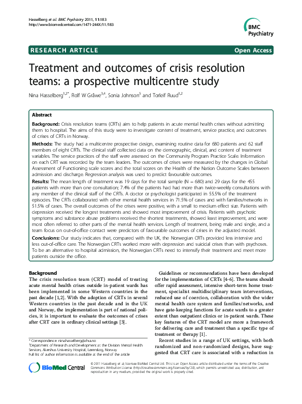 (PDF) Treatment and outcomes of crisis resolution teams: a prospective ...