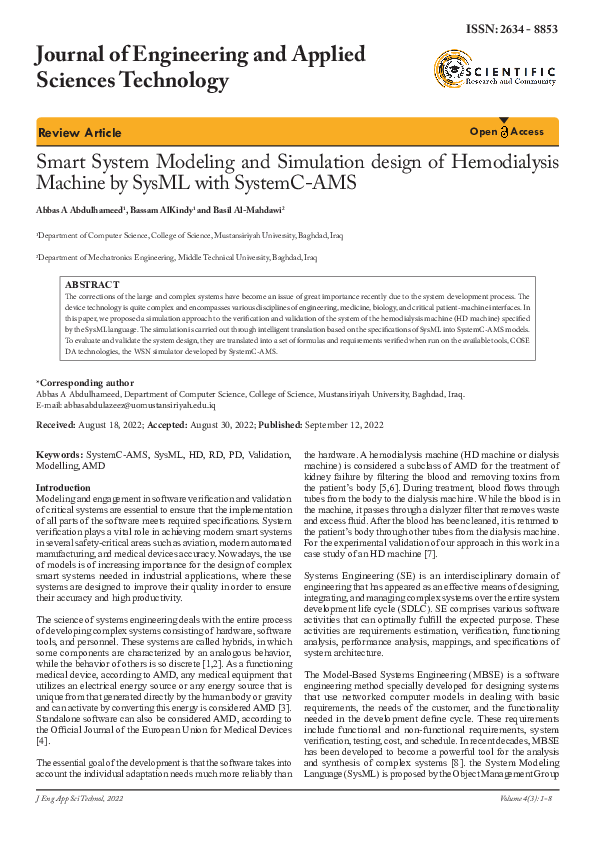 (PDF) Smart System Modeling and Simulation design of Hemodialysis Machine by SysML with SystemC-AMS