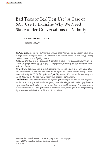 (PDF) Bad Tests or Bad Test Use? A Case of SAT Use to Examine Why We ...