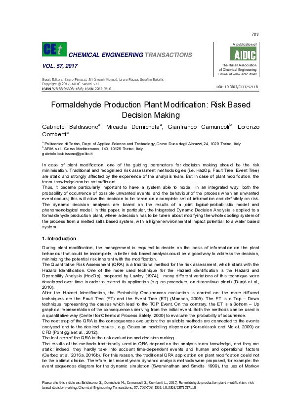 (PDF) Formaldehyde Production Plant Modification: Risk Based Decision ...