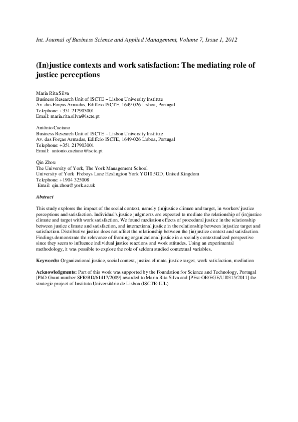 (PDF) (In)justice contexts and work satisfaction: The mediating role of ...