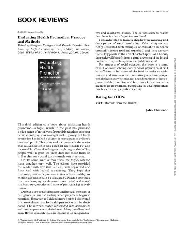 (PDF) Evaluating Health Promotion: Practice and Methods