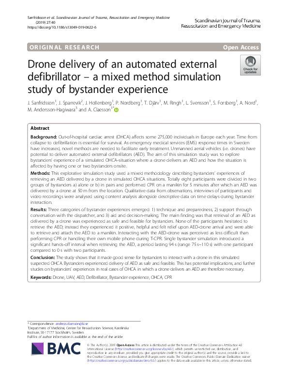 (PDF) Drone delivery of an automated external defibrillator – a mixed method simulation study of ...