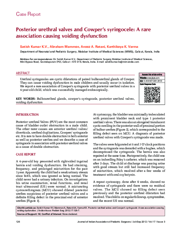 (PDF) Posterior urethral valves and Cowper′s syringocele: A rare association causing voiding ...