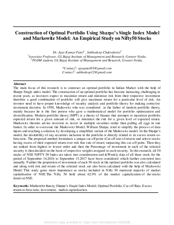 (PDF) Construction of Optimal Portfolio Using Sharpe's Single Index Model: An Empirical Study on ...