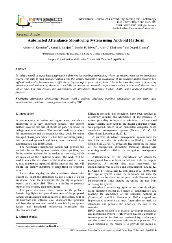Pdf Automated Attendance Monitoring System Using Android Platform
