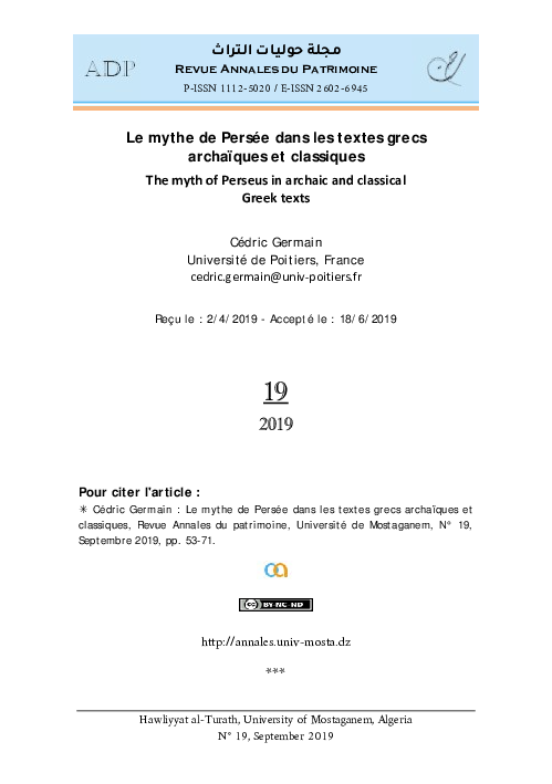 (PDF) Le Mythe De Persee Dans Les Textes Grecs Archaiques Et Classiques