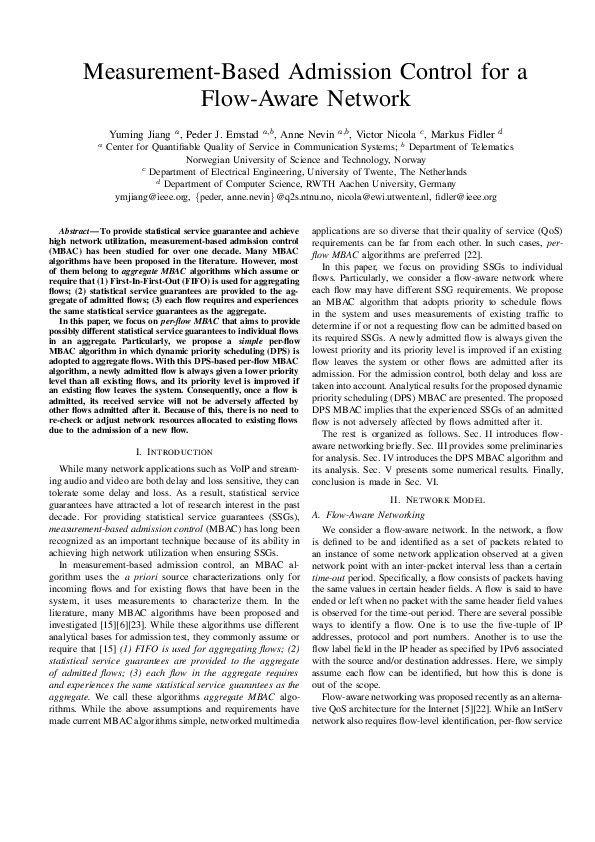 Pdf Measurement Based Admission Control For A Flow Aware Network
