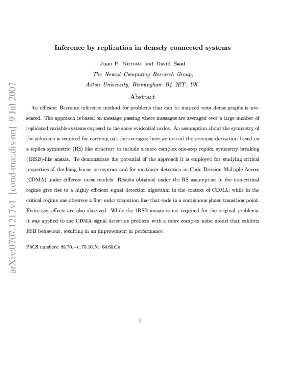 (PDF) Inference by replication in densely connected systems