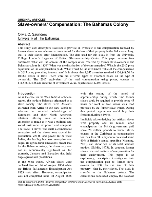 (PDF) Slave-owners’ Compensation: The Bahamas Colony