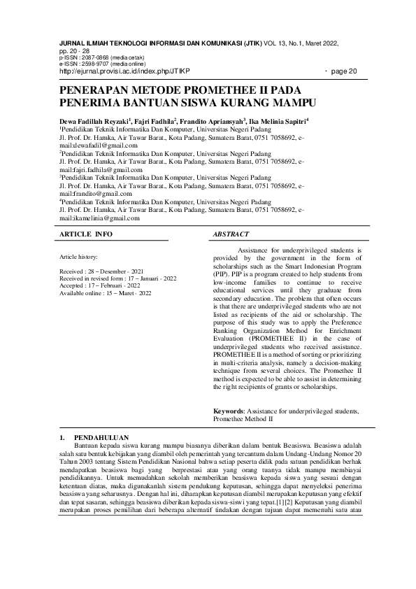 (PDF) Penerapan Metode Promethee II Pada Penerima Bantuan Siswa Kurang ...