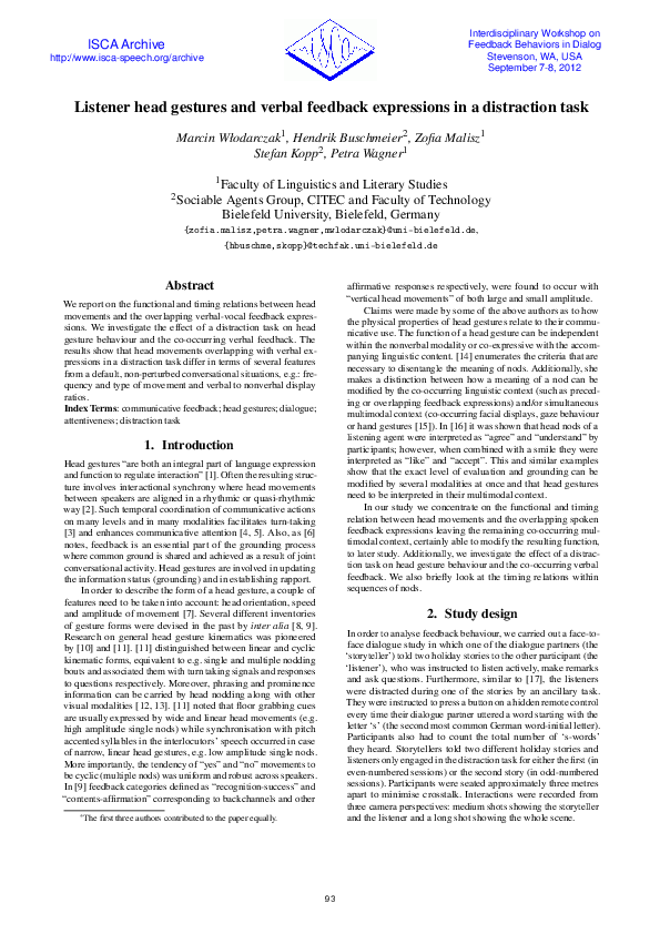 (PDF) Listener head gestures and verbal feedback expressions in a distraction task