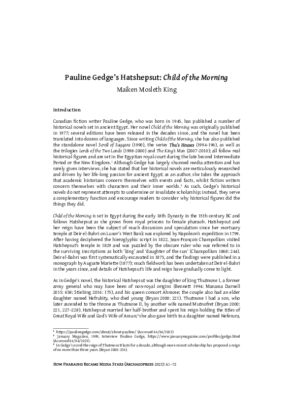 (PDF) Pauline Gedge's Hatshepsut: Child of the Morning