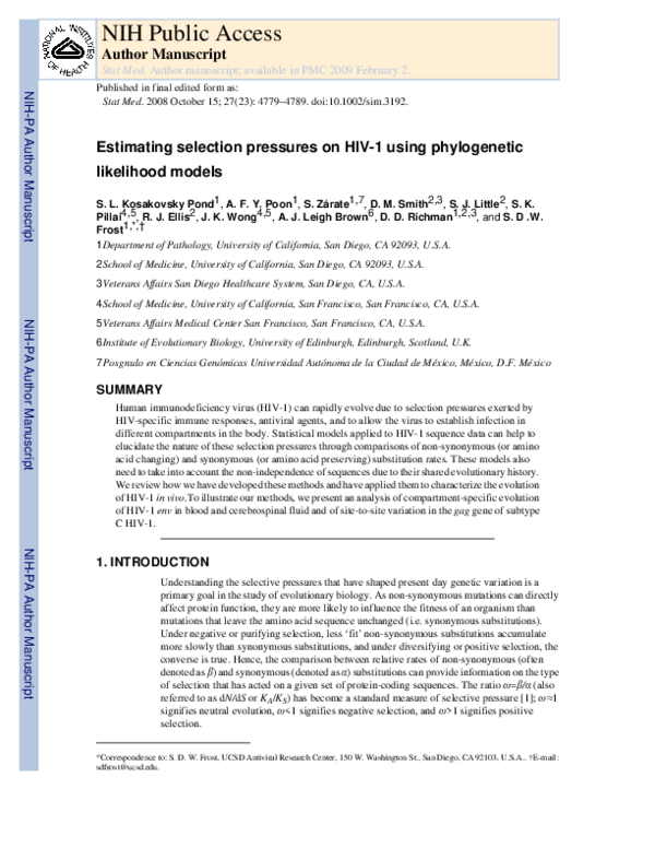 (PDF) Estimating selection pressures on HIV-1 using phylogenetic likelihood models