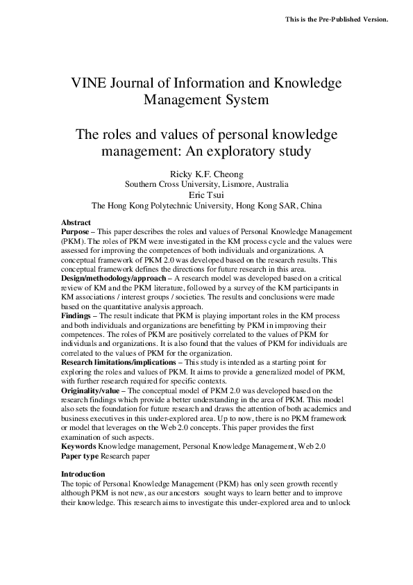 (PDF) The roles and values of personal knowledge management: an exploratory study | Eric Tsui ...