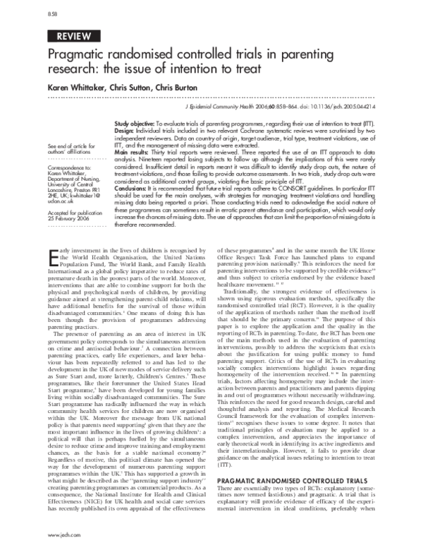 (PDF) Pragmatic randomised controlled trials in parenting research: the issue of intention to ...