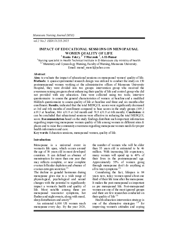 (PDF) Impact of Educational Sessions on Menopausal Women Quality of ...
