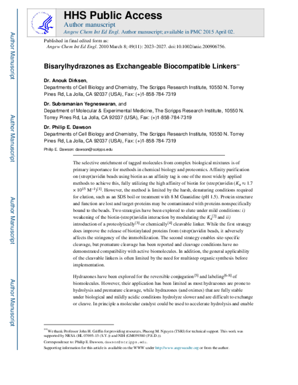 (PDF) Bisaryl Hydrazones as Exchangeable Biocompatible Linkers