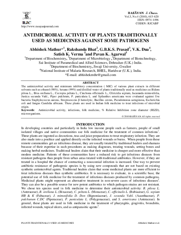 (PDF) Antimicrobial Activity of Plants Traditionally Used as Medicines Against Some Pathogens ...