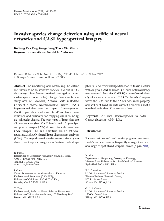 (PDF) Invasive species change detection using artificial neural networks and CASI hyperspectral ...