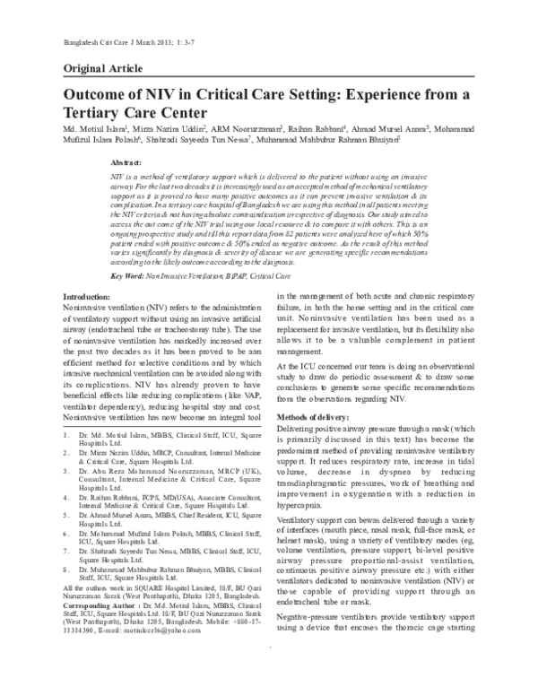 (PDF) Outcome of NIV in Critical Care Setting: Experience from a ...