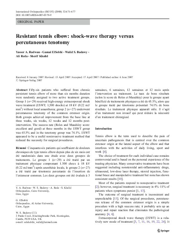 (PDF) Resistant tennis elbow: shock-wave therapy versus percutaneous ...
