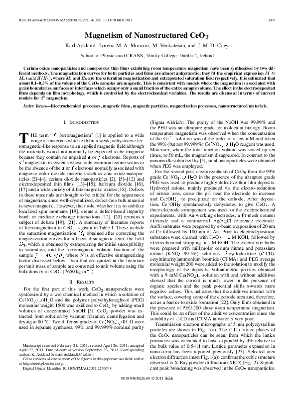 (PDF) Magnetism of Nanostructured ${\hbox {CeO}}_{2}$