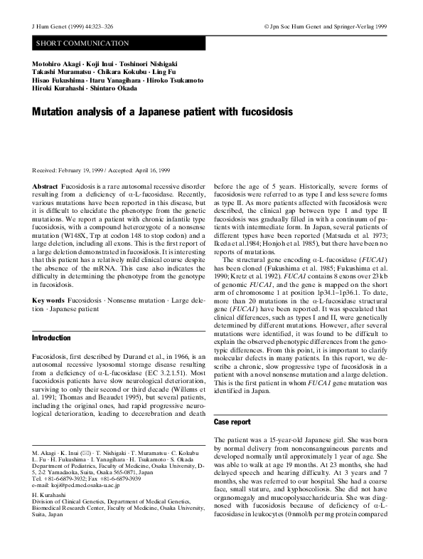 (PDF) Mutation analysis of a Japanese patient with fucosidosis