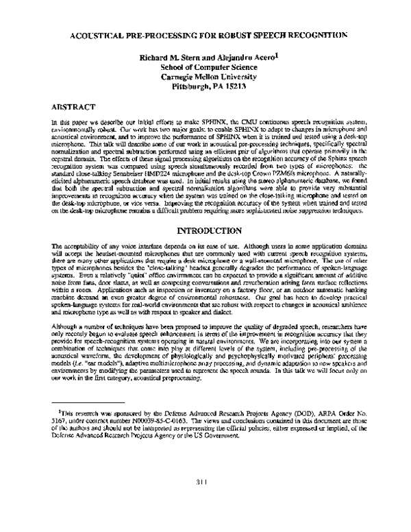 (PDF) Acoustical pre-processing for robust speech recognition