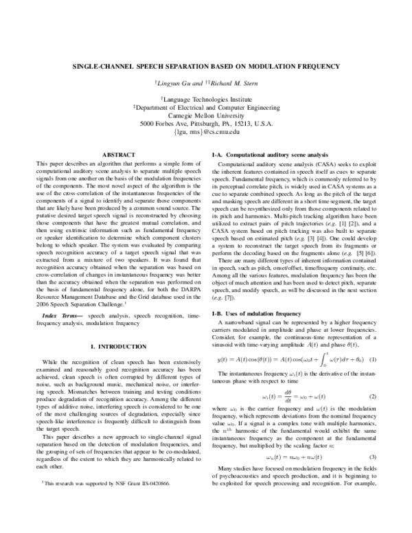 (PDF) Single-channel speech separation based on modulation frequency (PDF) Single-channel speech separation based on modulation frequency
