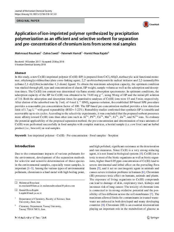(PDF) Application of ion-imprinted polymer synthesized by precipitation polymerization as an ...