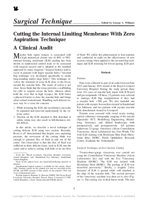 (PDF) Cutting the Internal Limiting Membrane With Zero Aspiration Technique