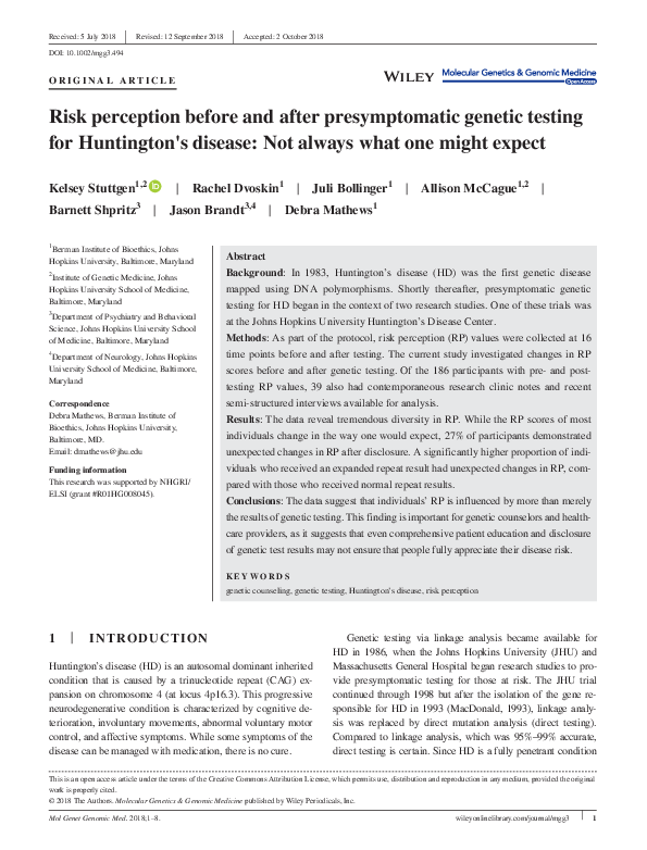 (PDF) Risk perception before and after presymptomatic genetic testing ...