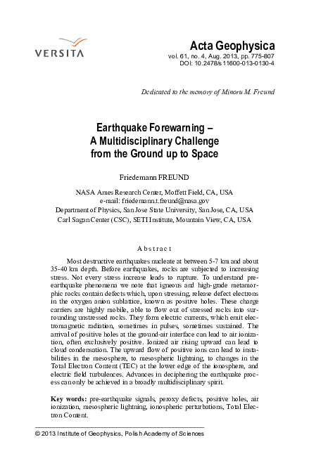 (PDF) Earthquake forewarning — A multidisciplinary challenge from the ...