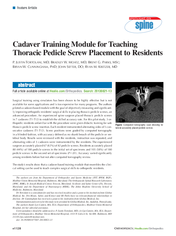 (PDF) Cadaver Training Module for Teaching Thoracic Pedicle Screw ...