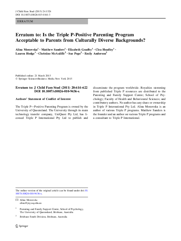 (PDF) Erratum to: Is the Triple P-Positive Parenting Program Acceptable ...