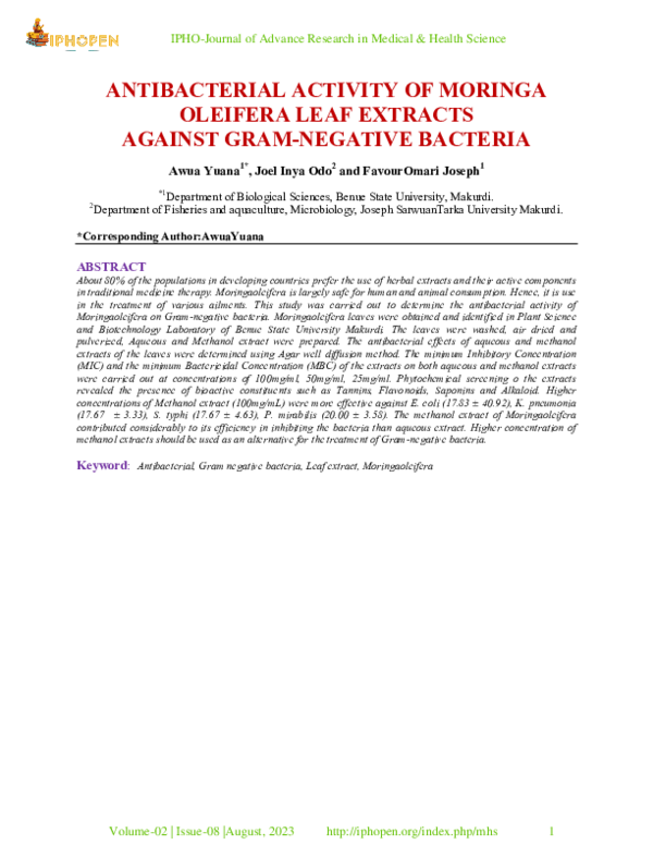 (PDF) ANTIBACTERIAL ACTIVITY OF MORINGA OLEIFERA LEAF EXTRACTS AGAINST GRAM-NEGATIVE BACTERIA