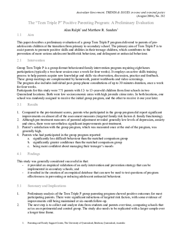 (DOC) The 'Teen Triple P' Positive Parenting Program: A Preliminary ...