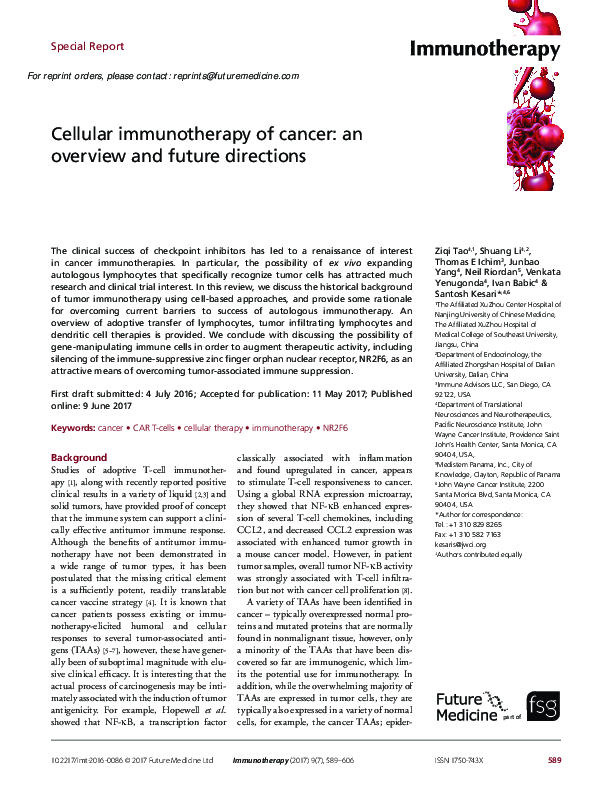 (PDF) Cellular immunotherapy of cancer: an overview and future directions