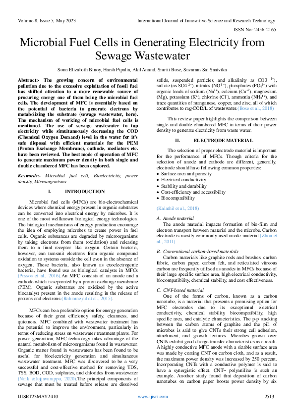 (PDF) Microbial Fuel Cells in Generating Electricity from Sewage Wastewater